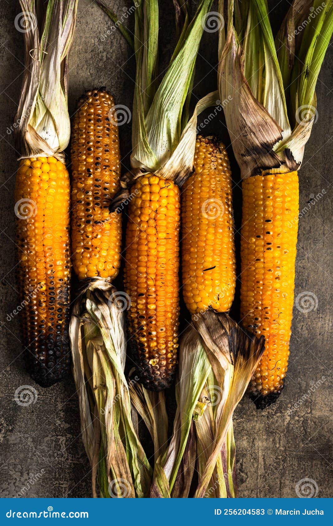 Roasted Corn Cobs on Stone Table, Grilled Organic Food Stock Image ...