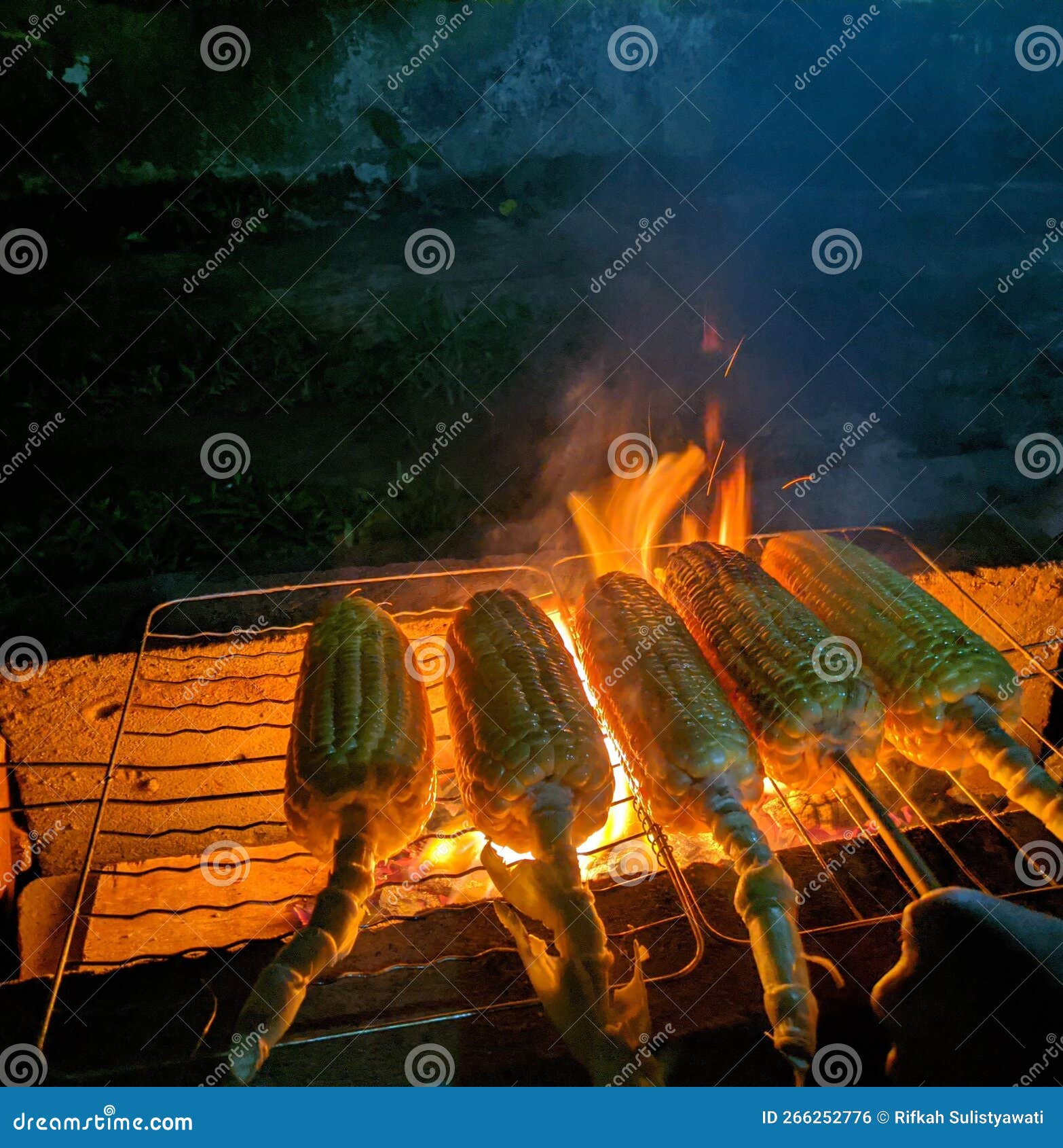Roasted Corn with Fire in the Dark Stock Photo - Image of roasted, fire ...
