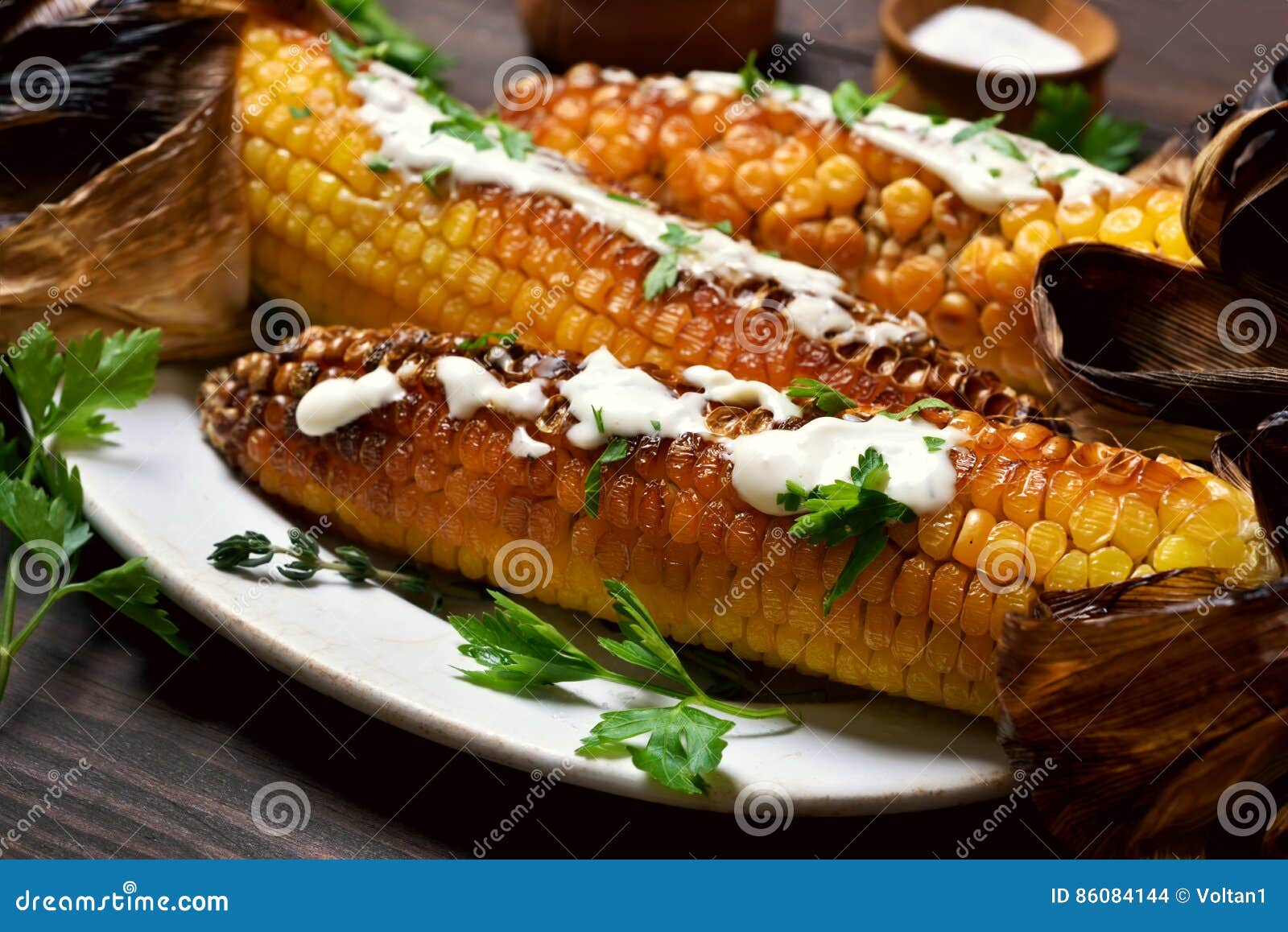 Roasted corn, top view stock photo. Image of grill, spices - 86084144