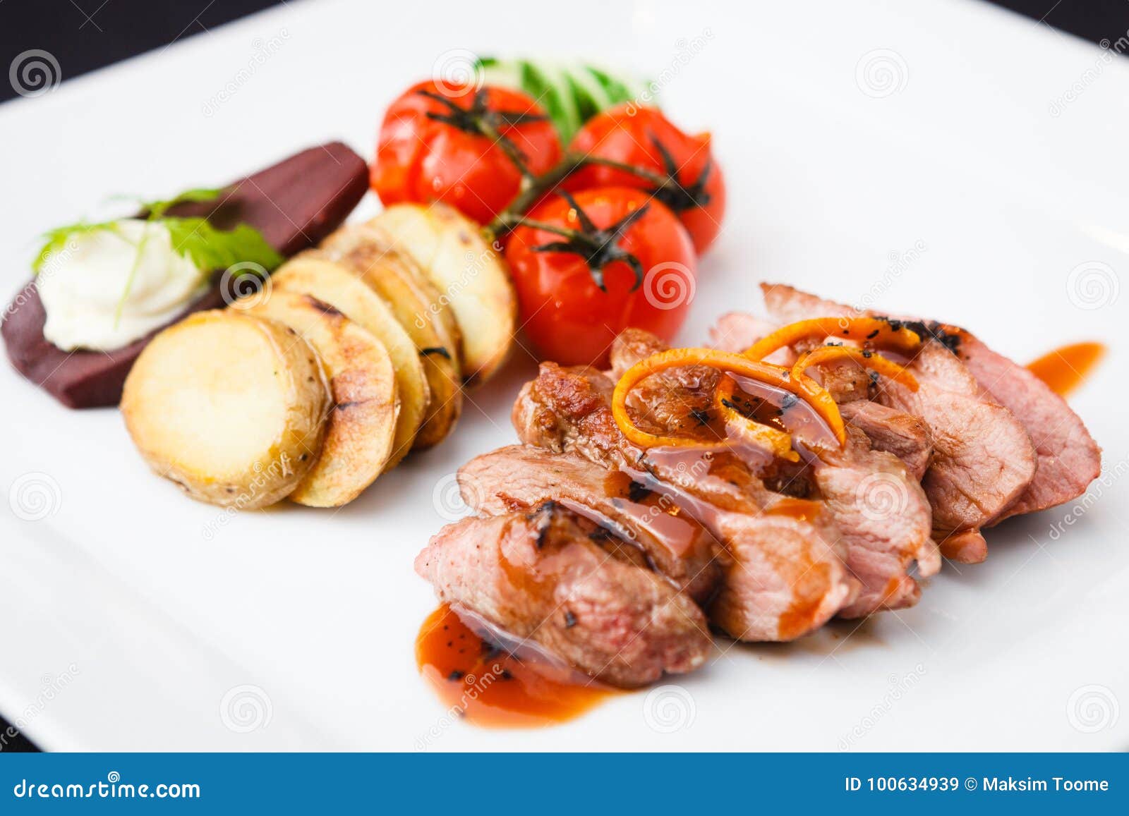 Roasted duck with pear stock image. Image of gourmet - 100634939