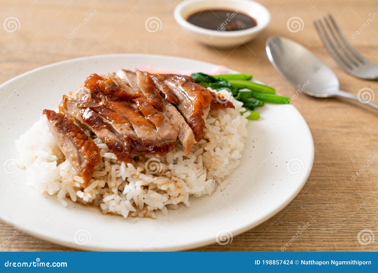 Roasted duck on rice stock photo. Image of sauce, style - 198857424