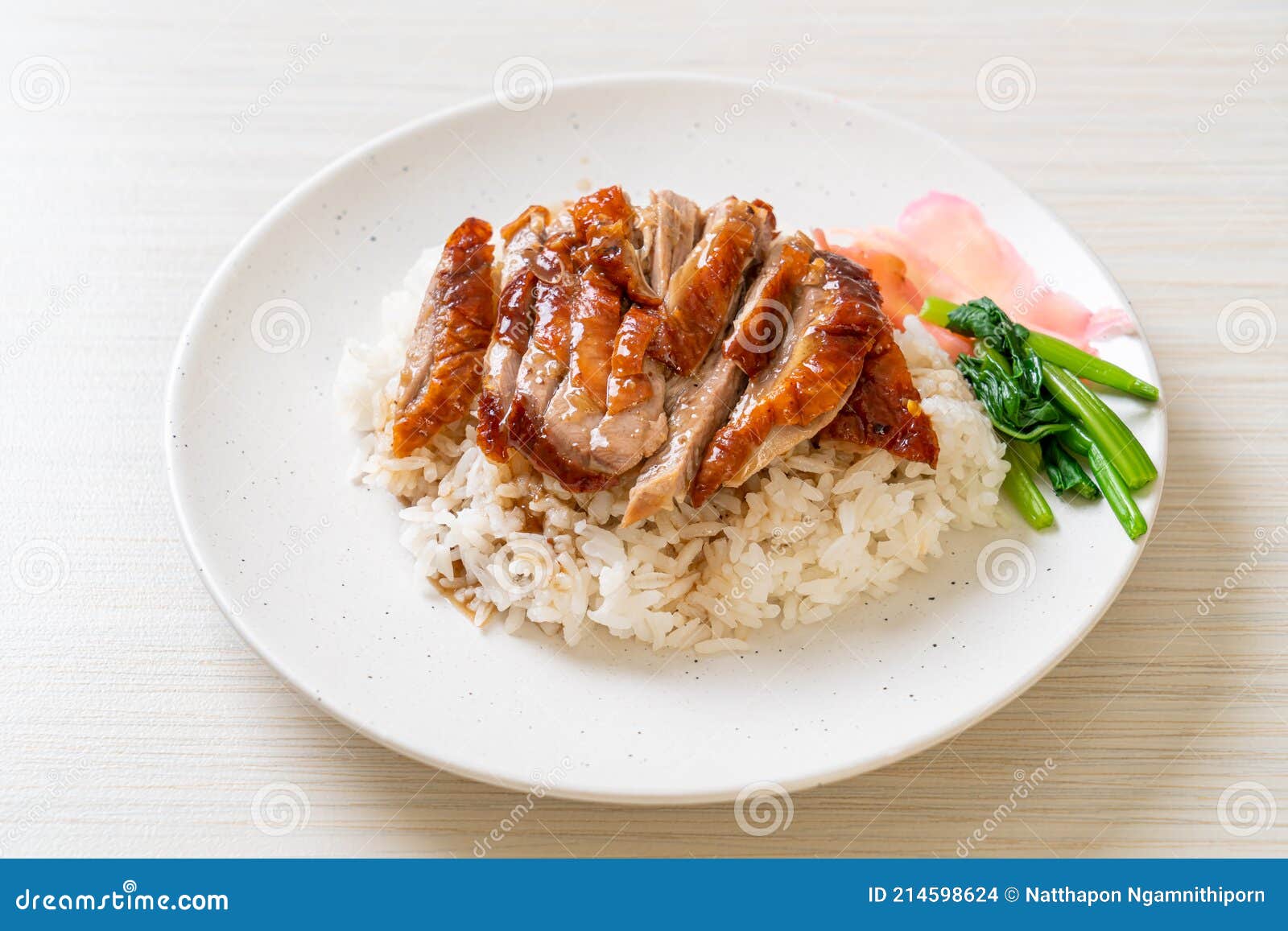 Roasted duck on rice stock photo. Image of style, broccoli - 214598624