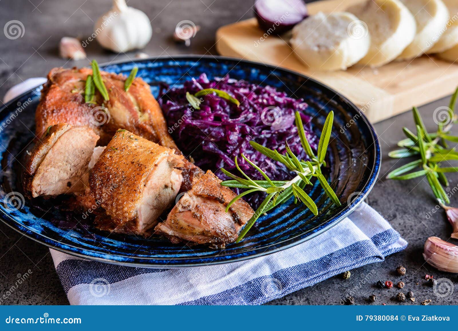 Roasted Duck with Stewed Red Cabbage and Dumplings Stock Photo - Image ...