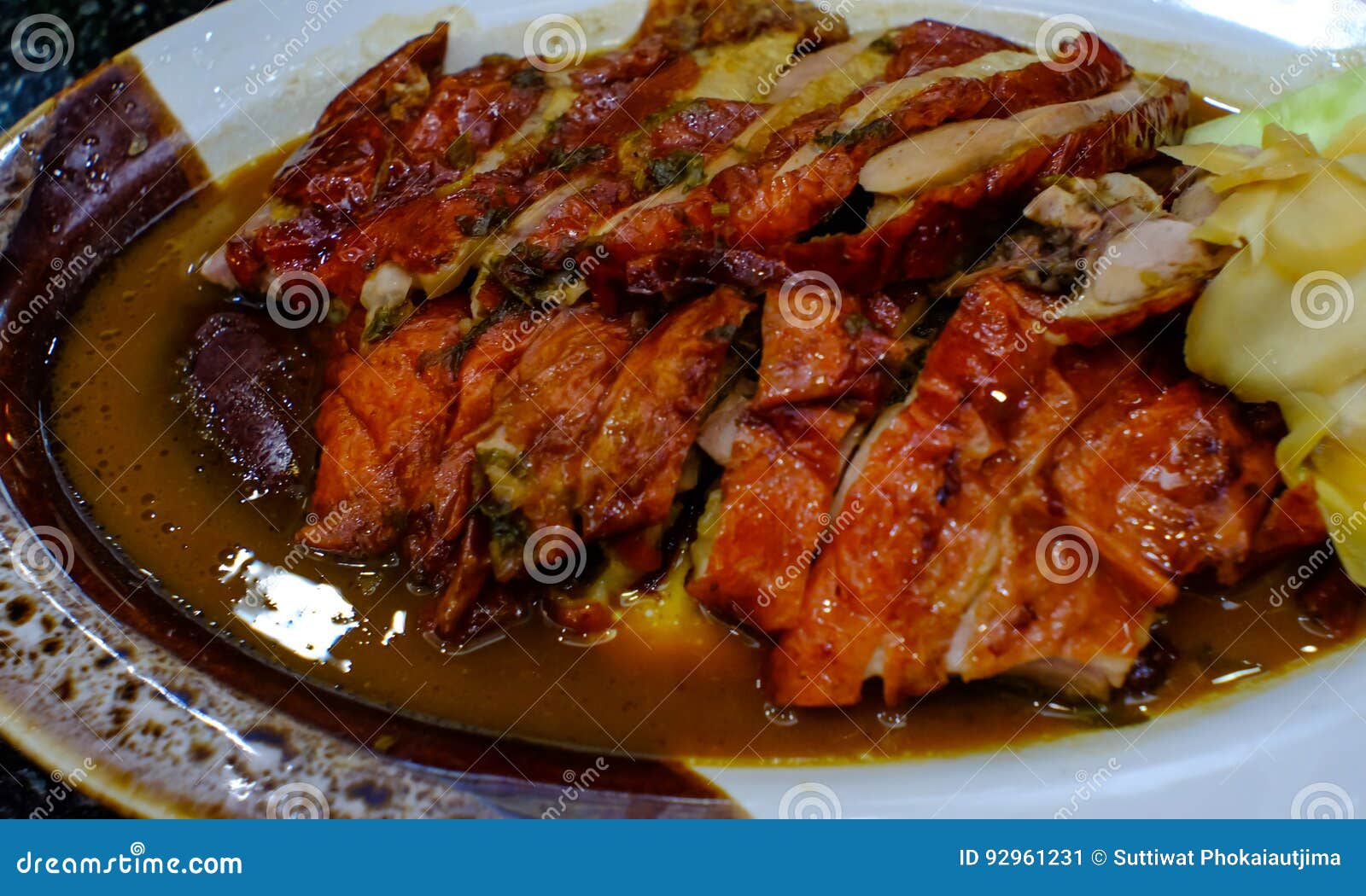 Roasted Duck Sliced Portions White Plate Sauce Stock Photos - Free ...