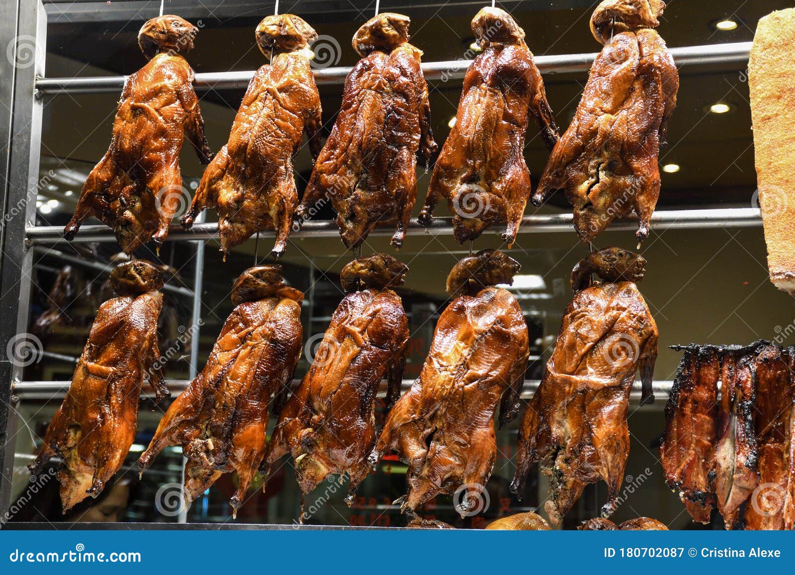 Roasted Ducks Hanging on Rack Showcase Stock Image - Image of hong ...