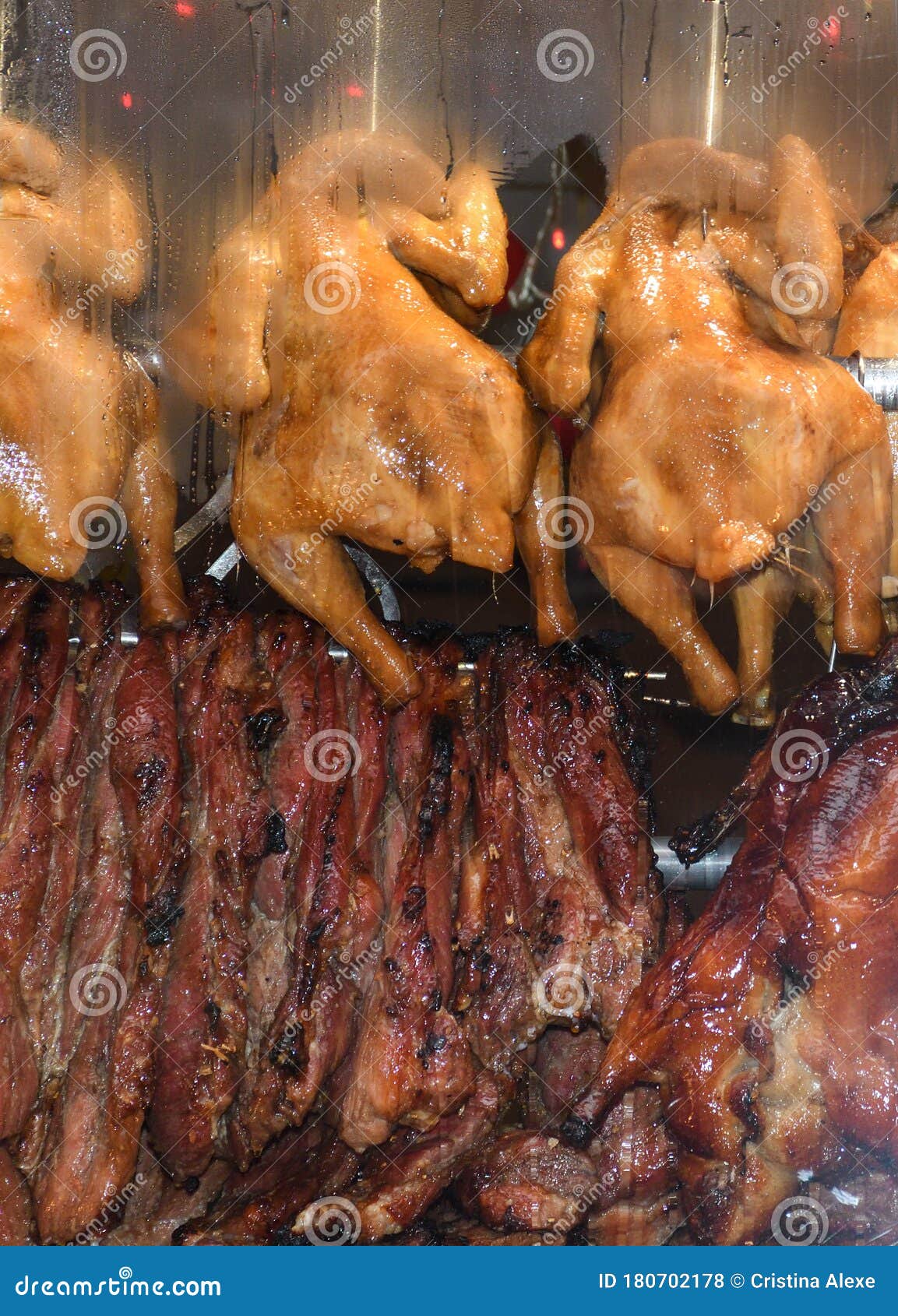 Roasted Ducks Hanging on Rack Showcase Stock Photo - Image of meat ...