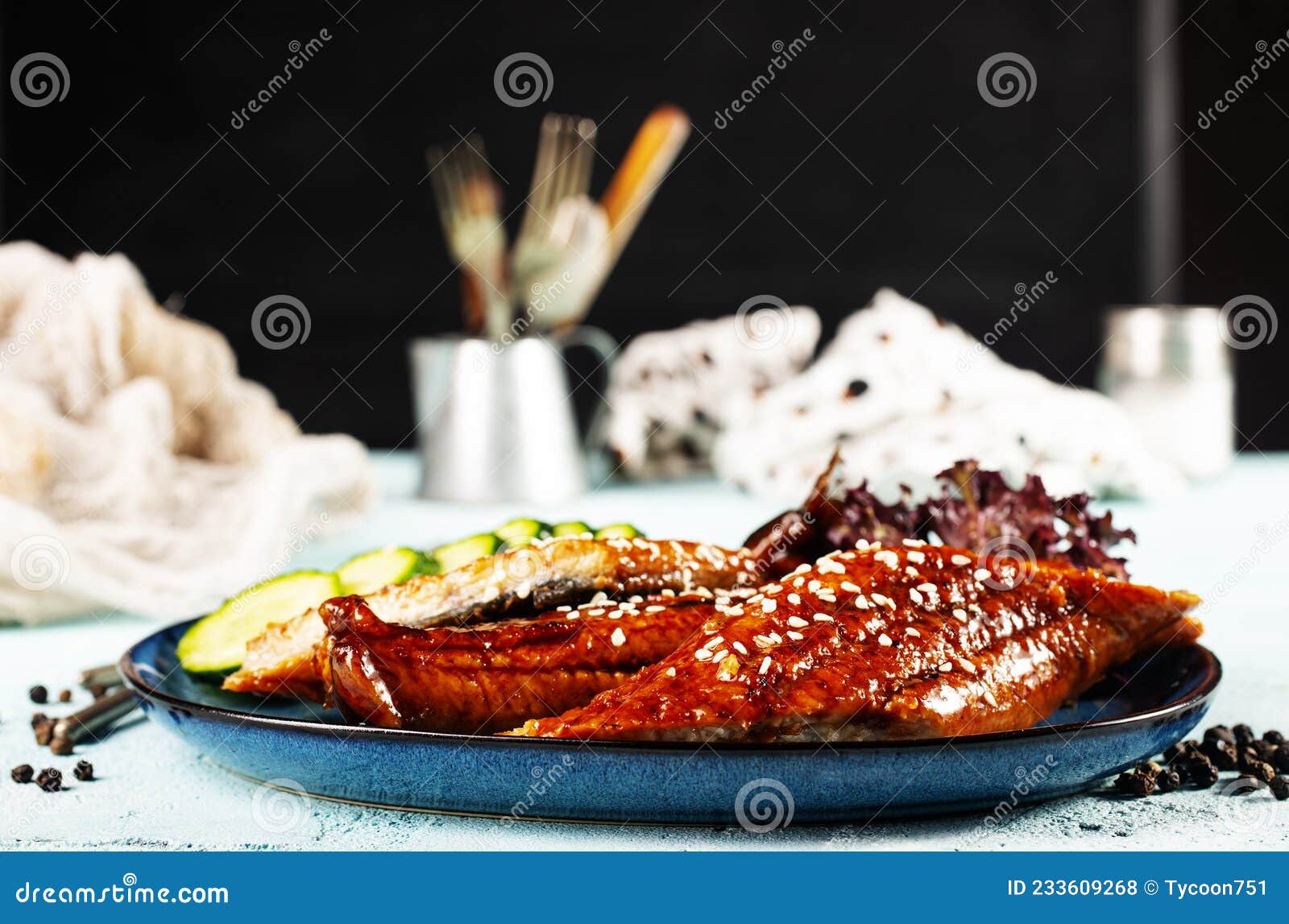 Roasted eel with sause. stock photo. Image of bowl, ingredients - 233609268