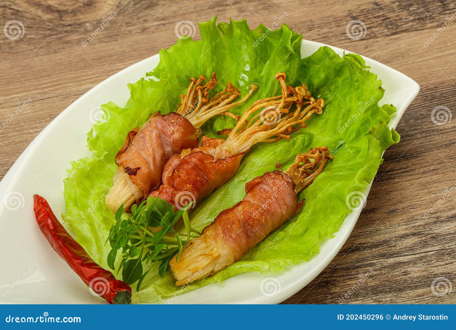 Roasted Enoki Mushrooms with Bacon Stock Photo - Image of gourmet, roll ...