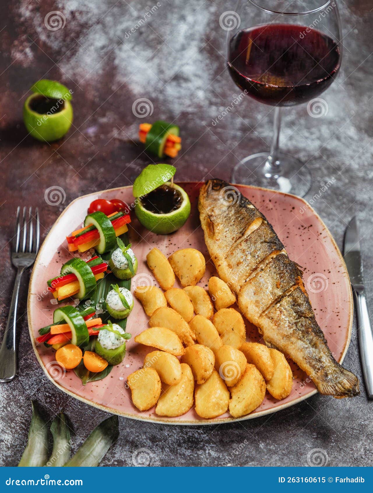 Roasted Fish and Potatoes, Served on Tray Stock Image - Image of filet ...