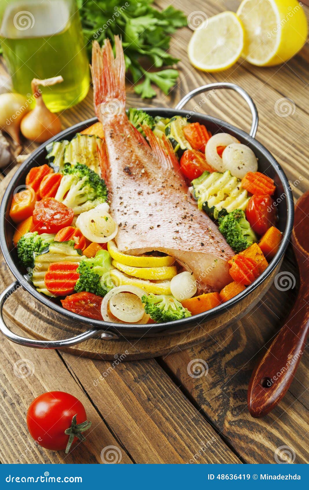 Roasted Fish with Vegetables Stock Image - Image of cherry, cabbage ...
