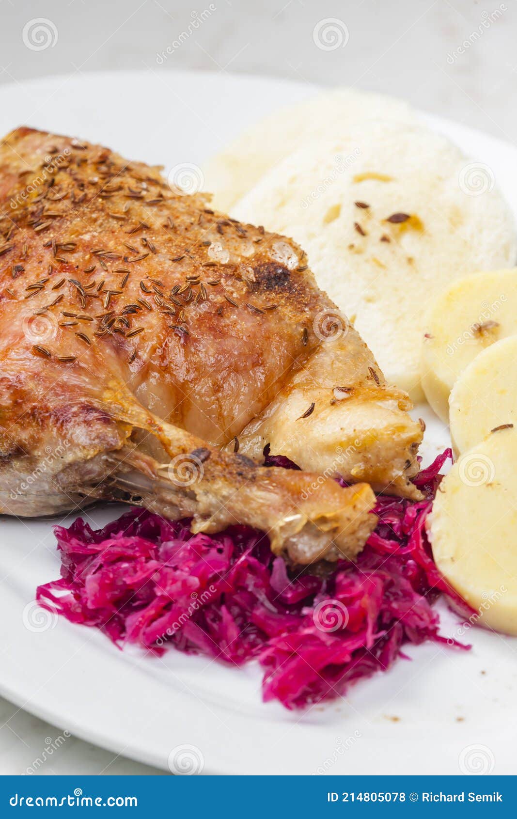 Roasted Goose Leg with Red Cabbage and Dumplings Stock Photo - Image of ...