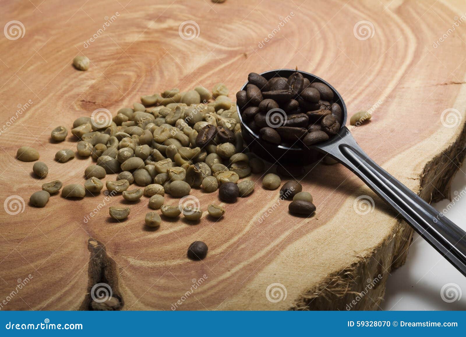 Roasted and Green Coffee Beans on a Juniper Slab Stock Photo - Image of ...