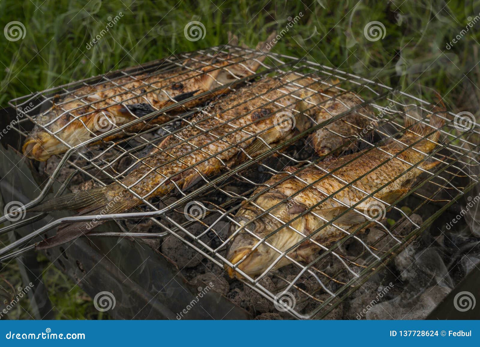 Roasted on Grill Fresh Fish. Carp Baked on BBQ Stock Photo - Image of ...