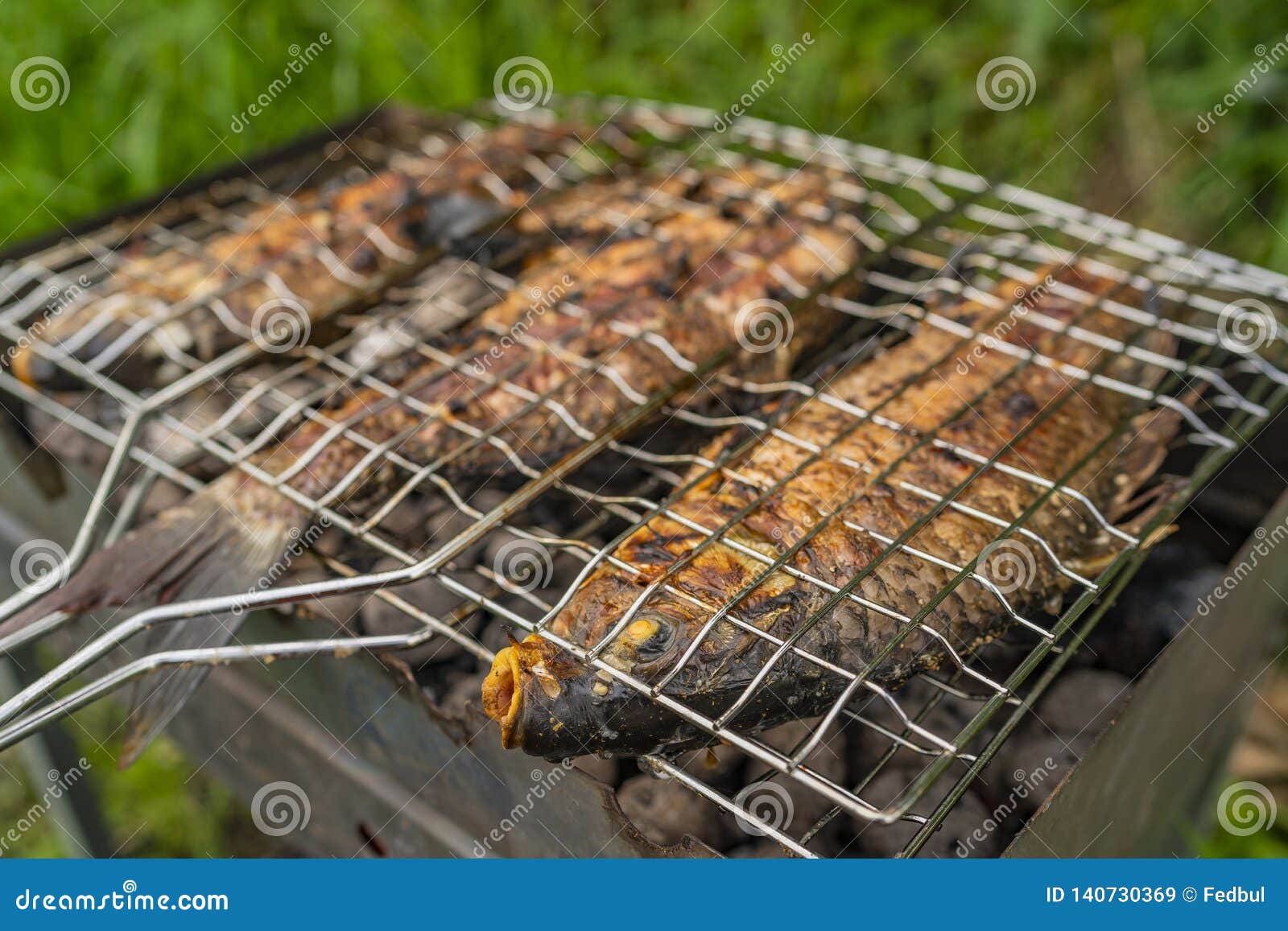 Roasted on Grill Fresh Fish. Carp Baked on BBQ Stock Image - Image of ...