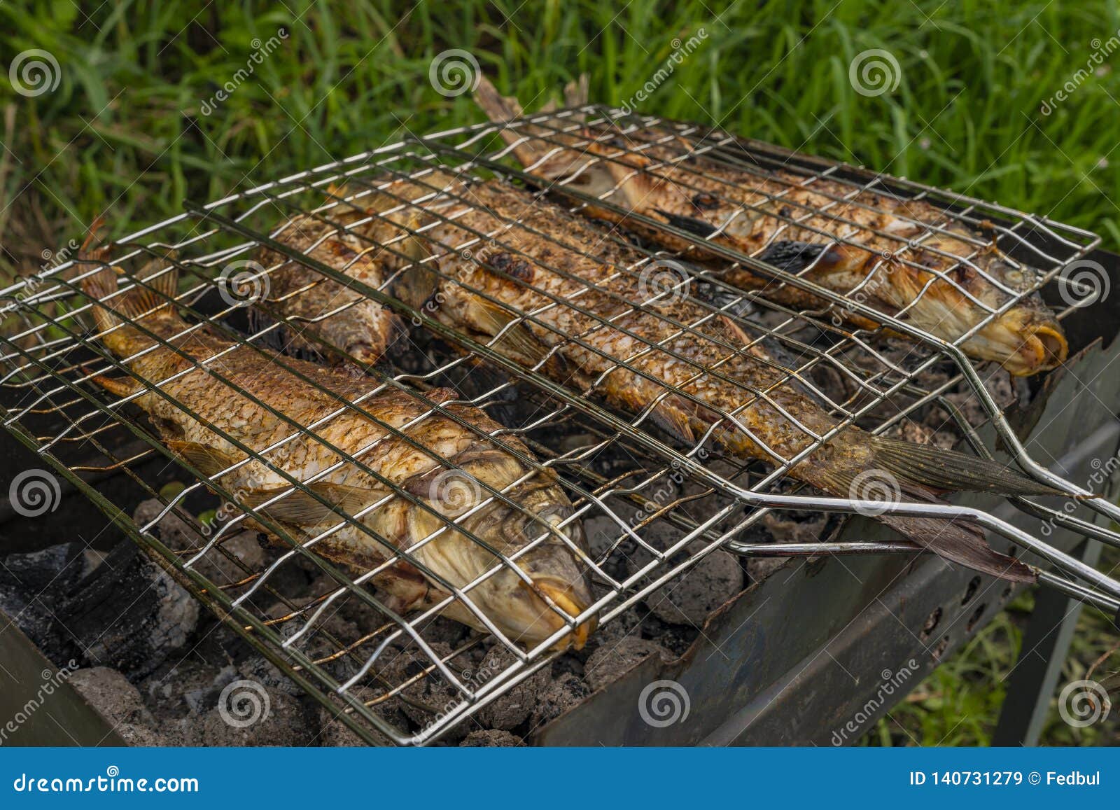 Roasted on Grill Fresh Fish. Carp Baked on BBQ Stock Image - Image of ...