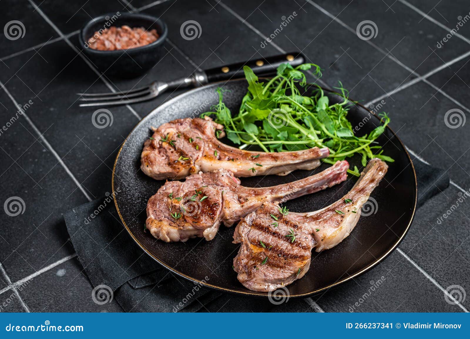 Roasted Lamb Meat Cutlets, Mutton Chops with Garnish. Black Background ...