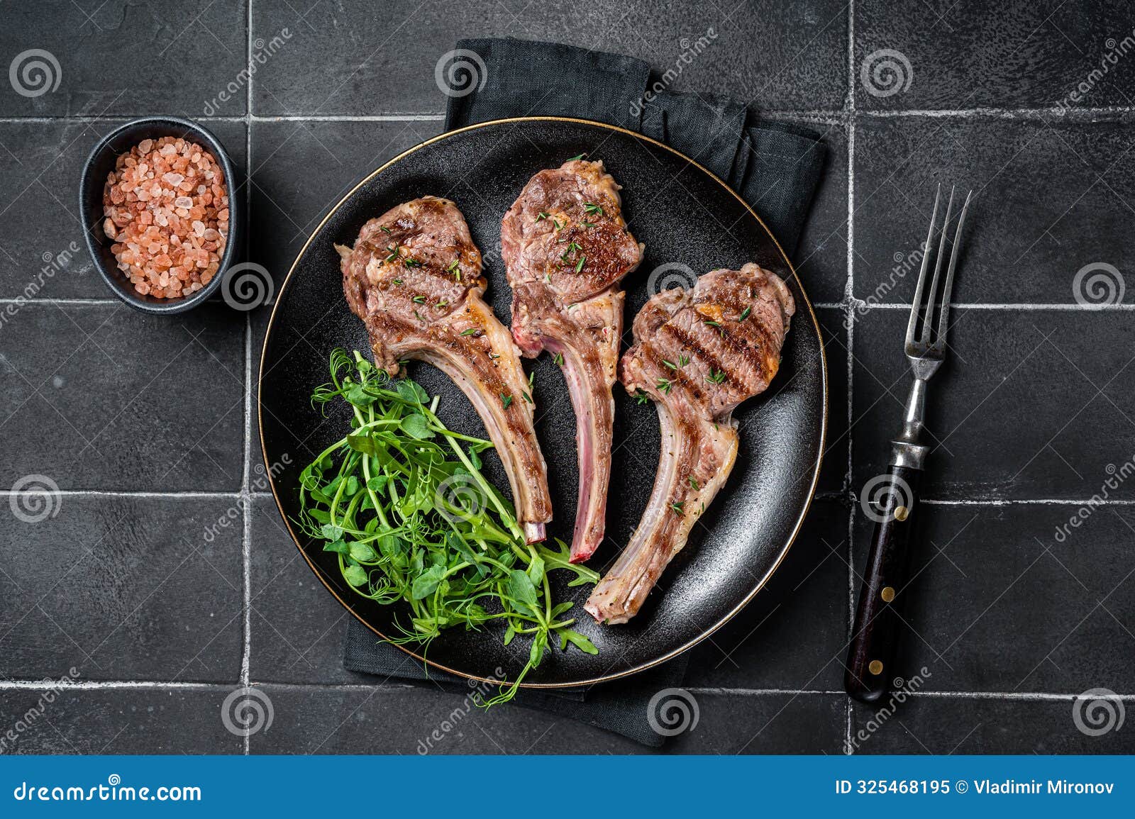 Roasted Lamb Meat Cutlets, Mutton Chops with Garnish. Black Background ...