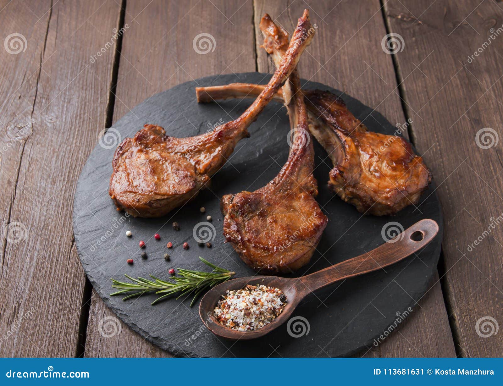 Roasted Lamb Ribs Loin Chop on a Stone Surface Stock Image - Image of ...