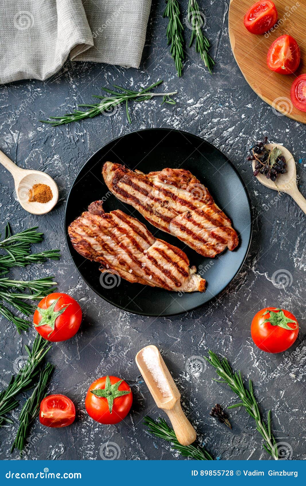 Roasted Meat in Cooking Steak Concept Gray Background Top View Stock ...