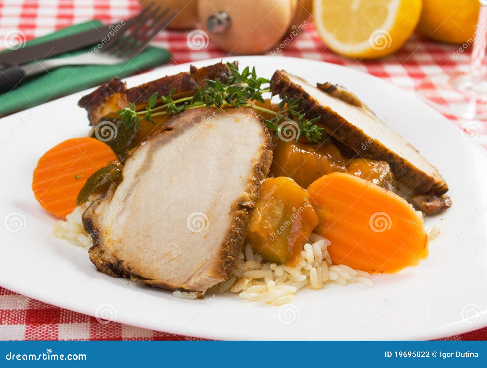 Roasted Meat with Rice and Vegetables Stock Photo - Image of pork ...