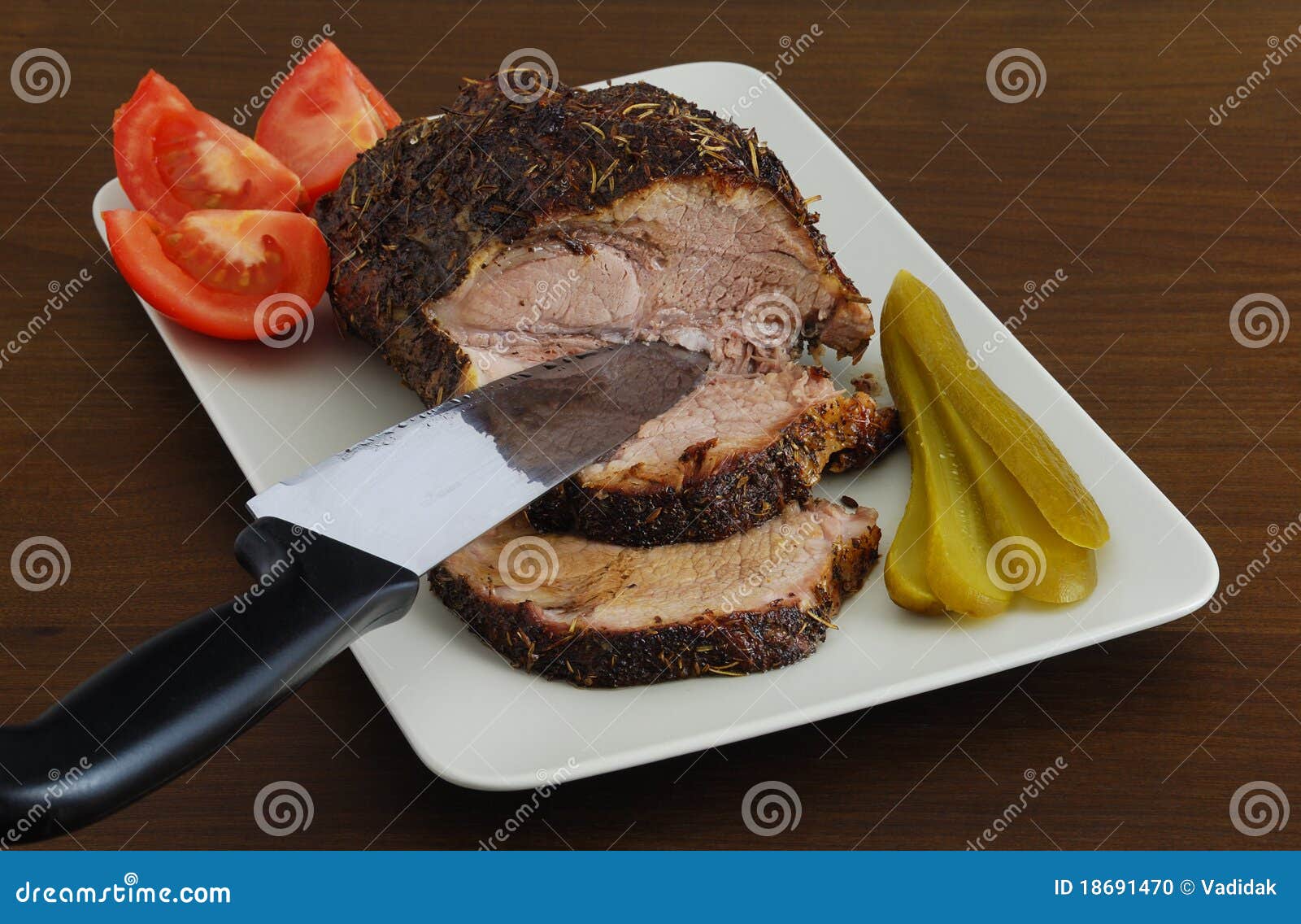 Roasted Meat Sliced on Rectangular Ceramic Dish Stock Photo - Image of ...