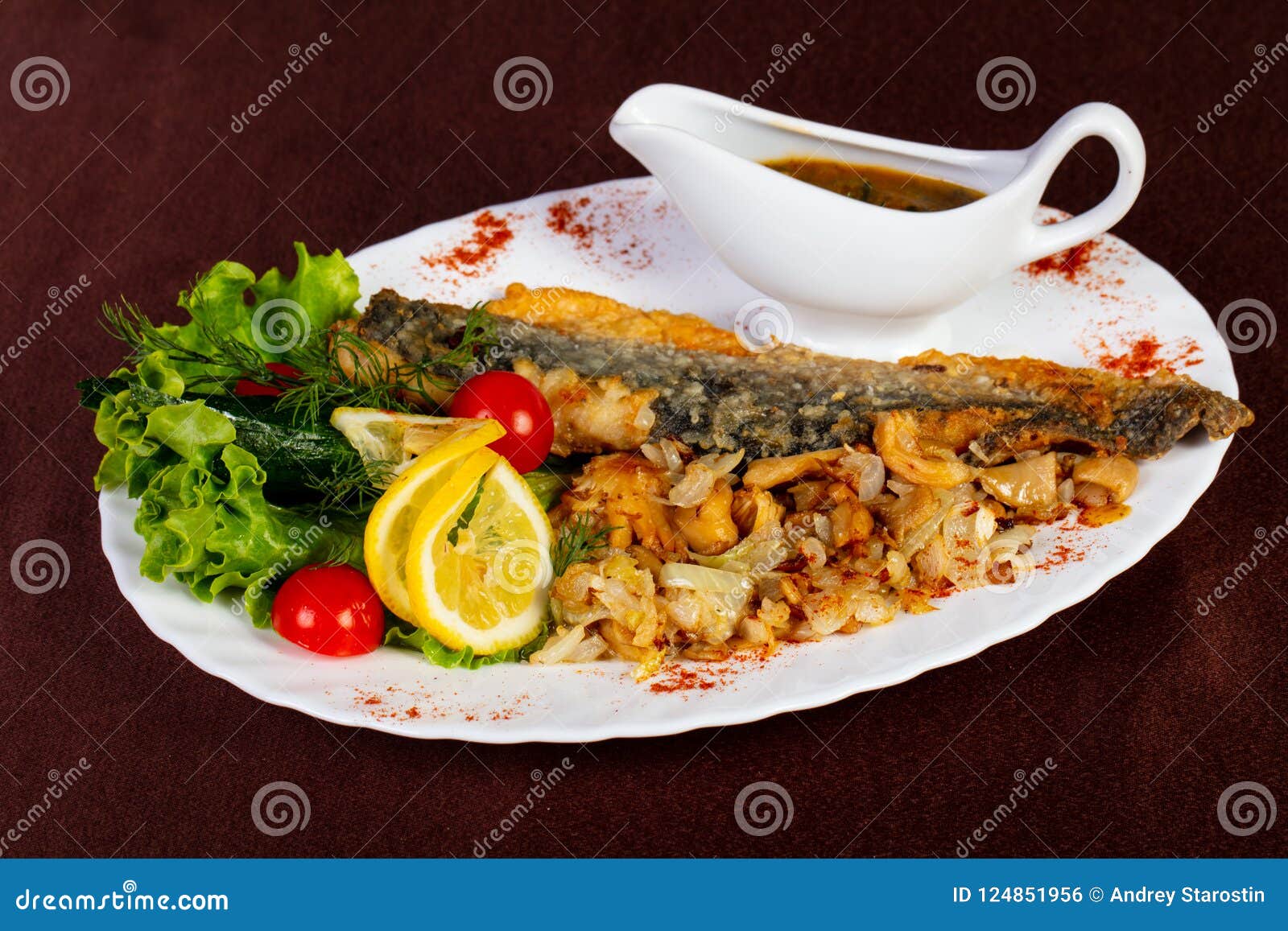 Roasted mullet fish stock photo. Image of dish, trout - 124851956