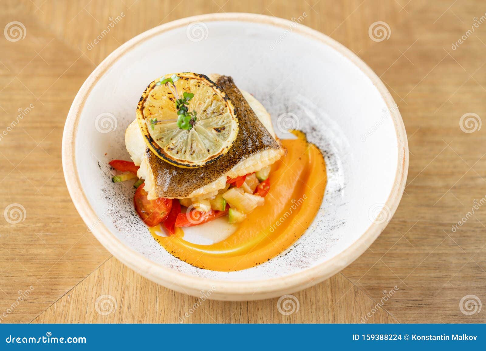 Roasted Pike Perch or Cod Fish with Baked Vegetables. Dish Decorated ...