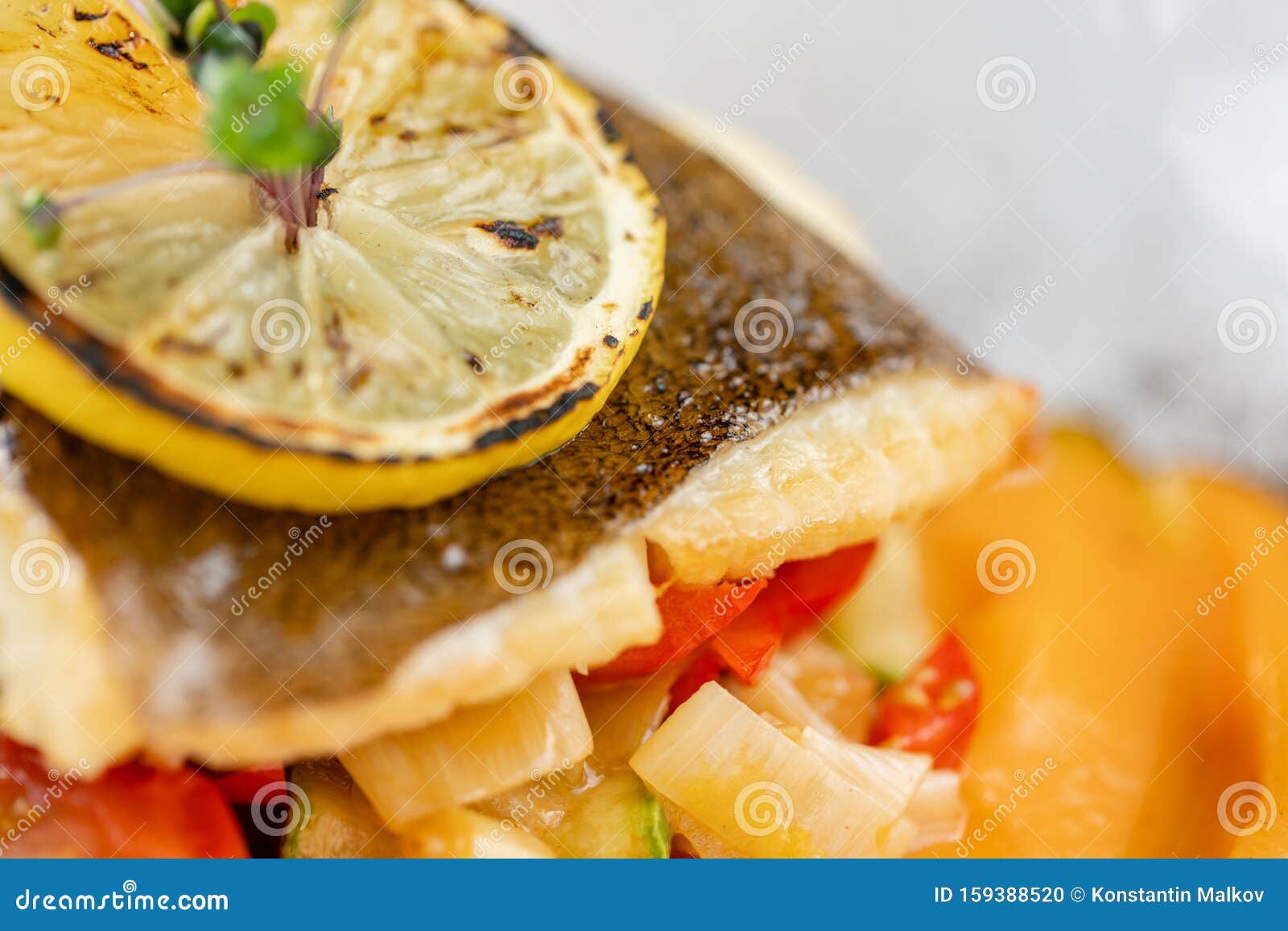 Roasted Pike Perch or Cod Fish with Baked Vegetables. Dish Decorated ...