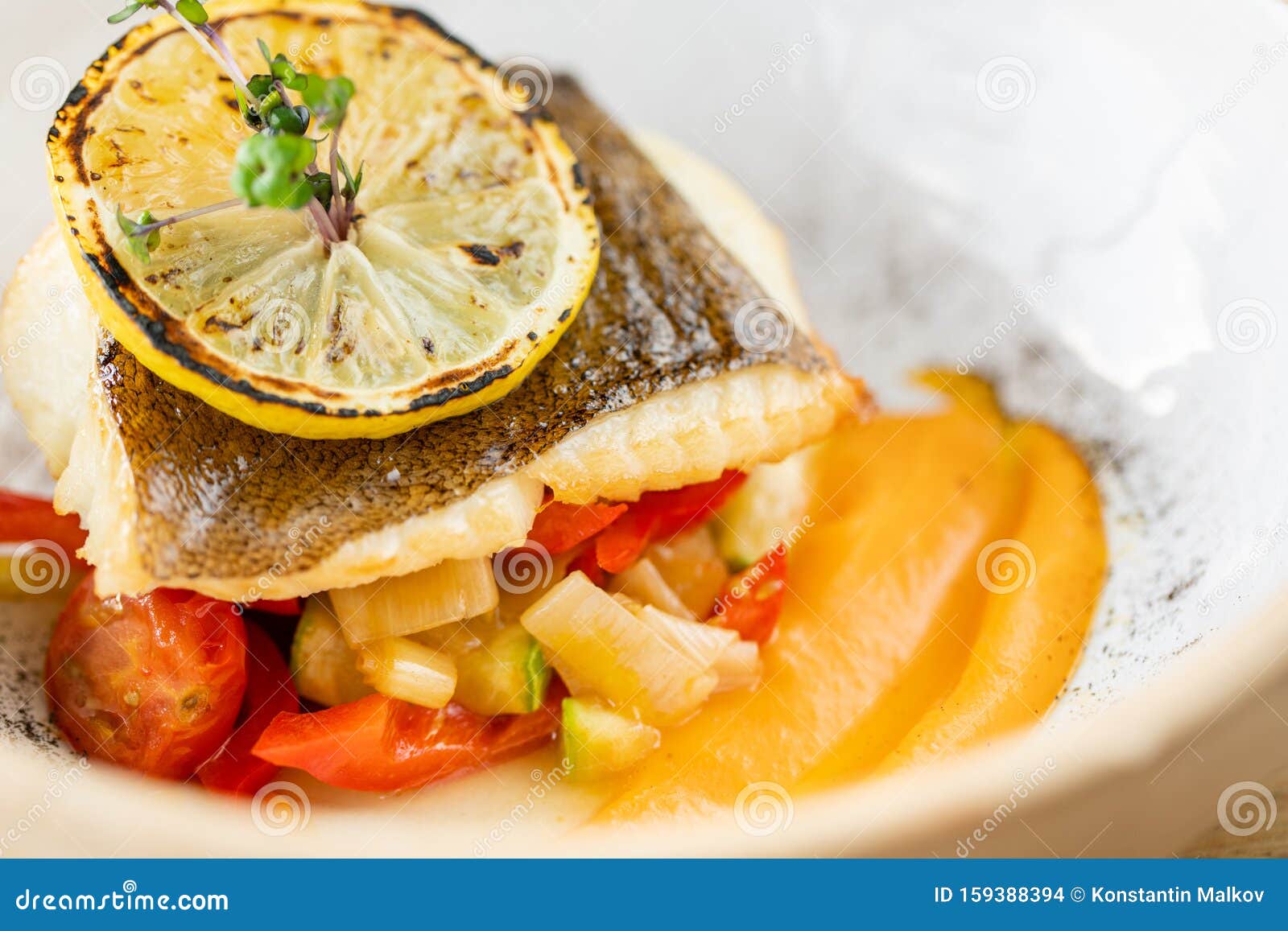 Roasted Pike Perch or Cod Fish with Baked Vegetables. Dish Decorated ...