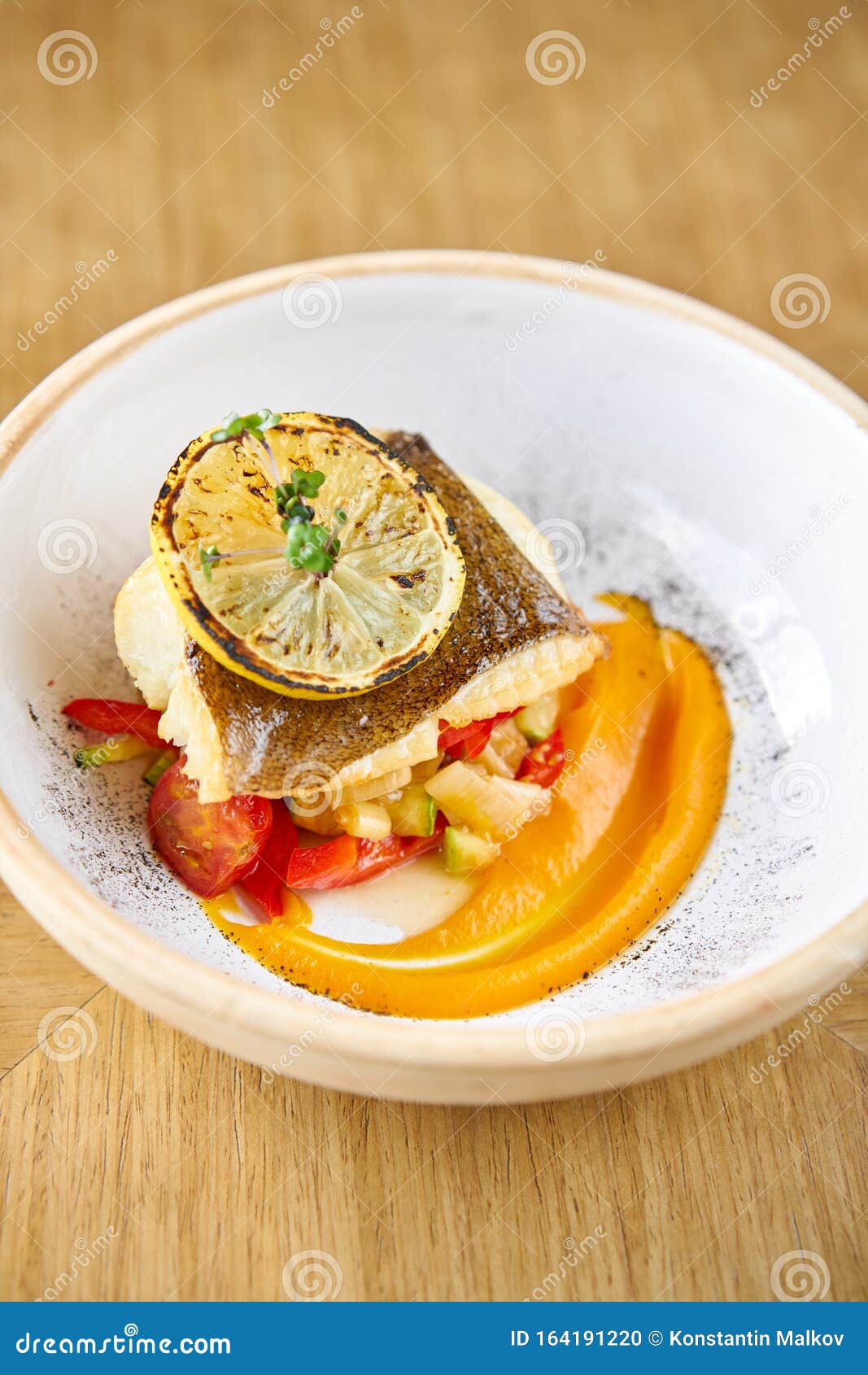 Roasted Pike Perch or Cod Fish with Baked Vegetables. Dish Decorated ...