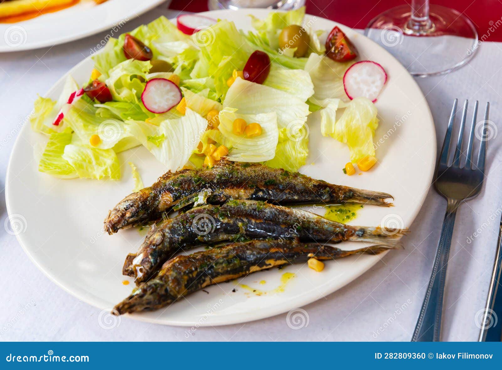 Roasted Pilchards with Vegetable Salad Stock Photo - Image of cherry ...