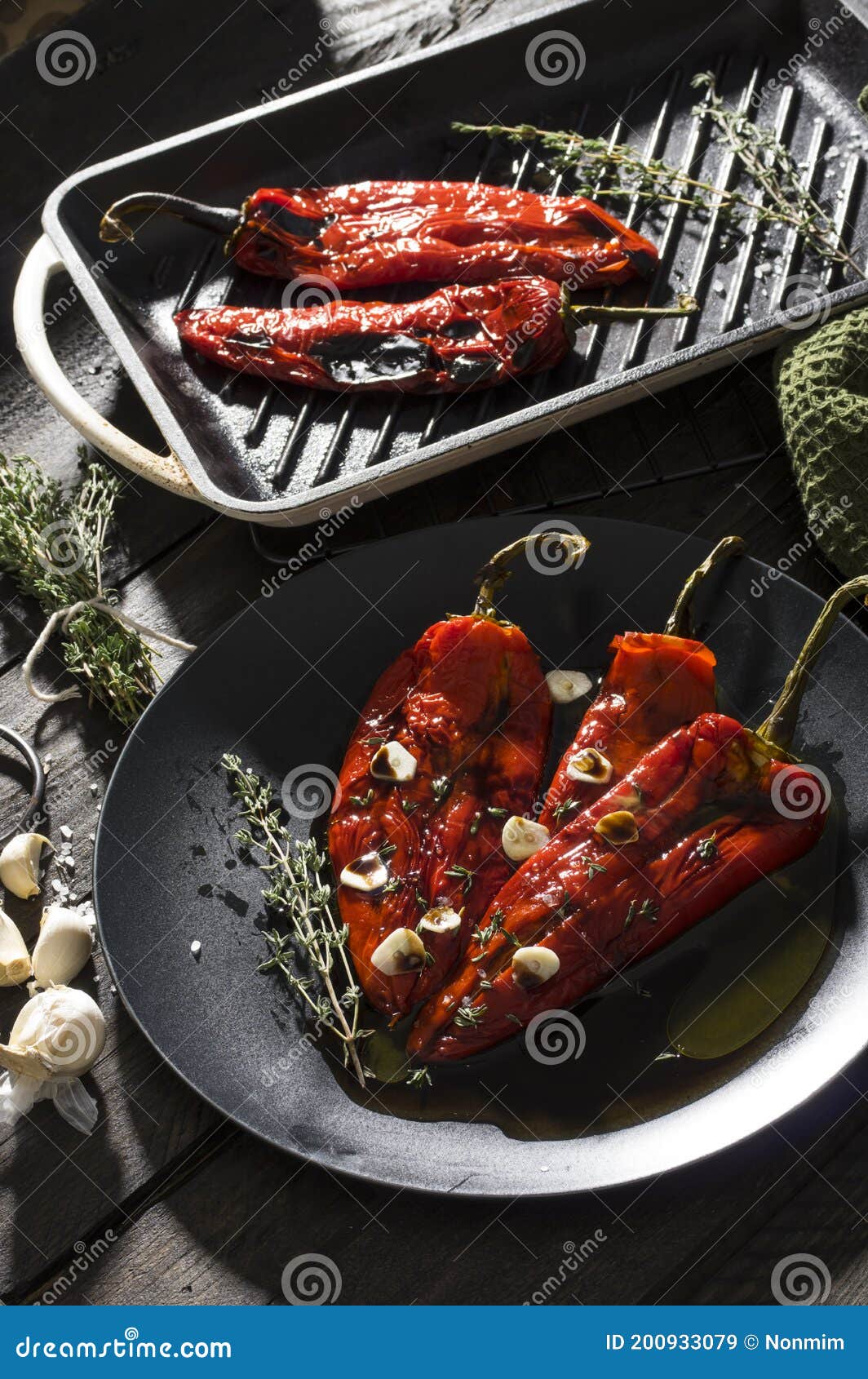 Roasted Pointed Red Peppers with Garlic and Thyme Spices Stock Image ...