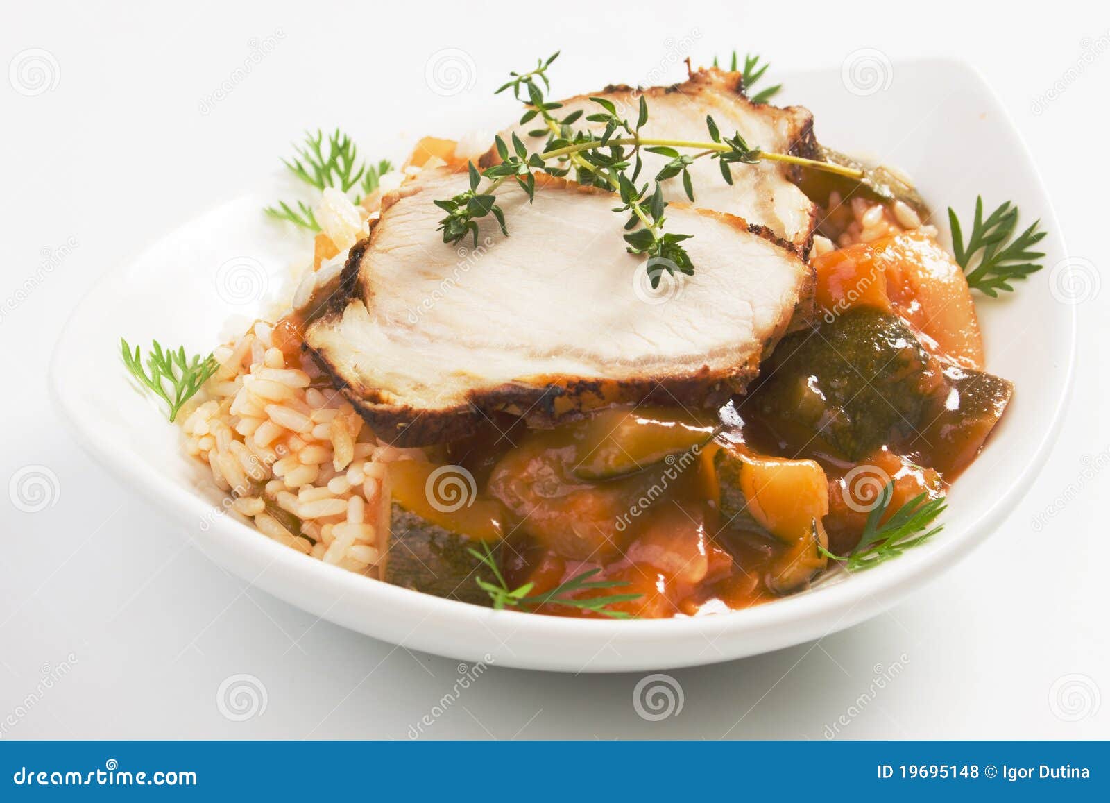 Roasted Pork Loin with Rice Ande Vegetables Stock Photo - Image of ...