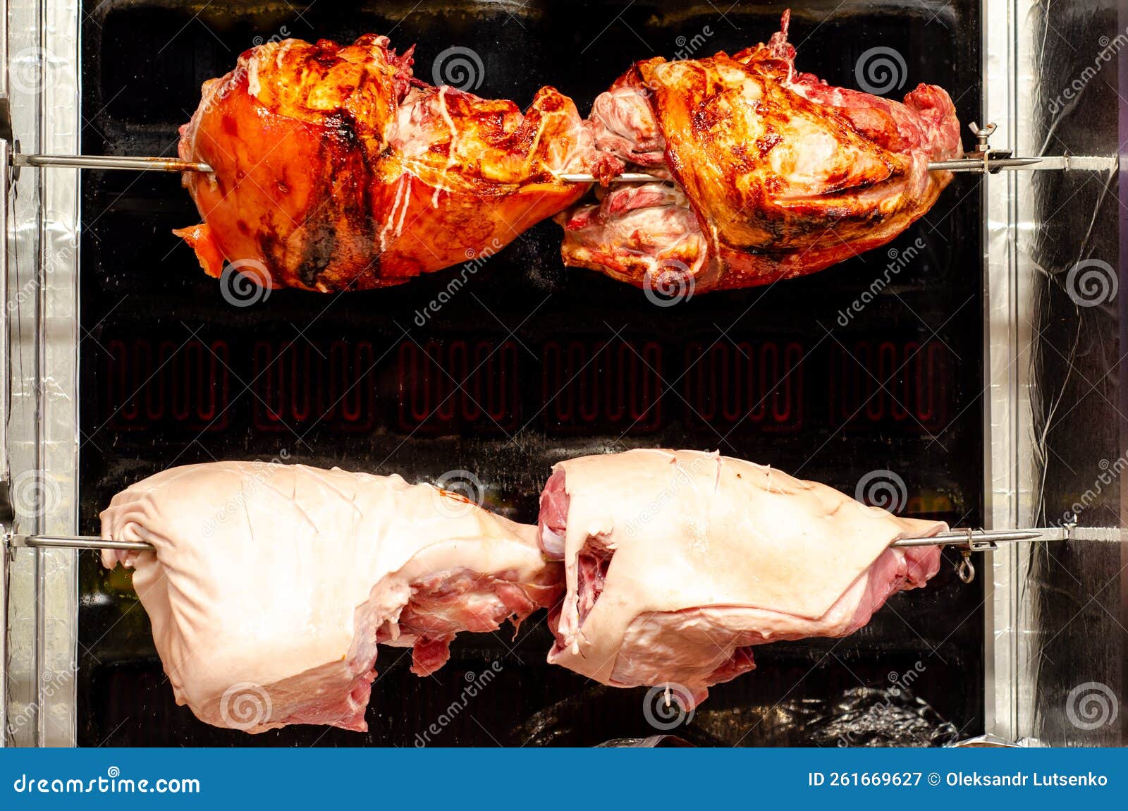 Roasted Pork Meat on Spit Grilled Over Fire Stock Image - Image of ...
