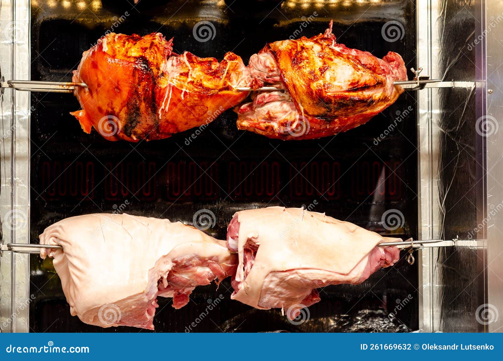 Roasted Pork Meat on Spit Grilled Over Fire Stock Photo - Image of ...