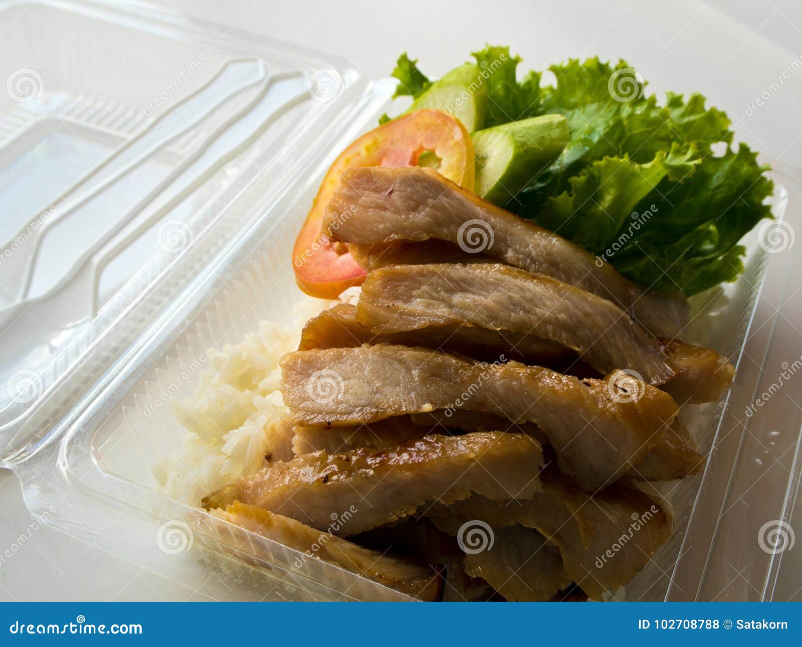 Roasted Pork and Rice in a Plastic Box Stock Photo - Image of ...