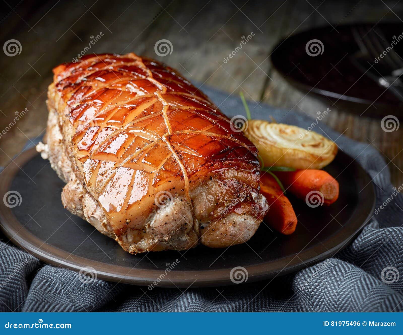Roasted Pork on Wooden Table Stock Photo - Image of napkin, meat: 81975496