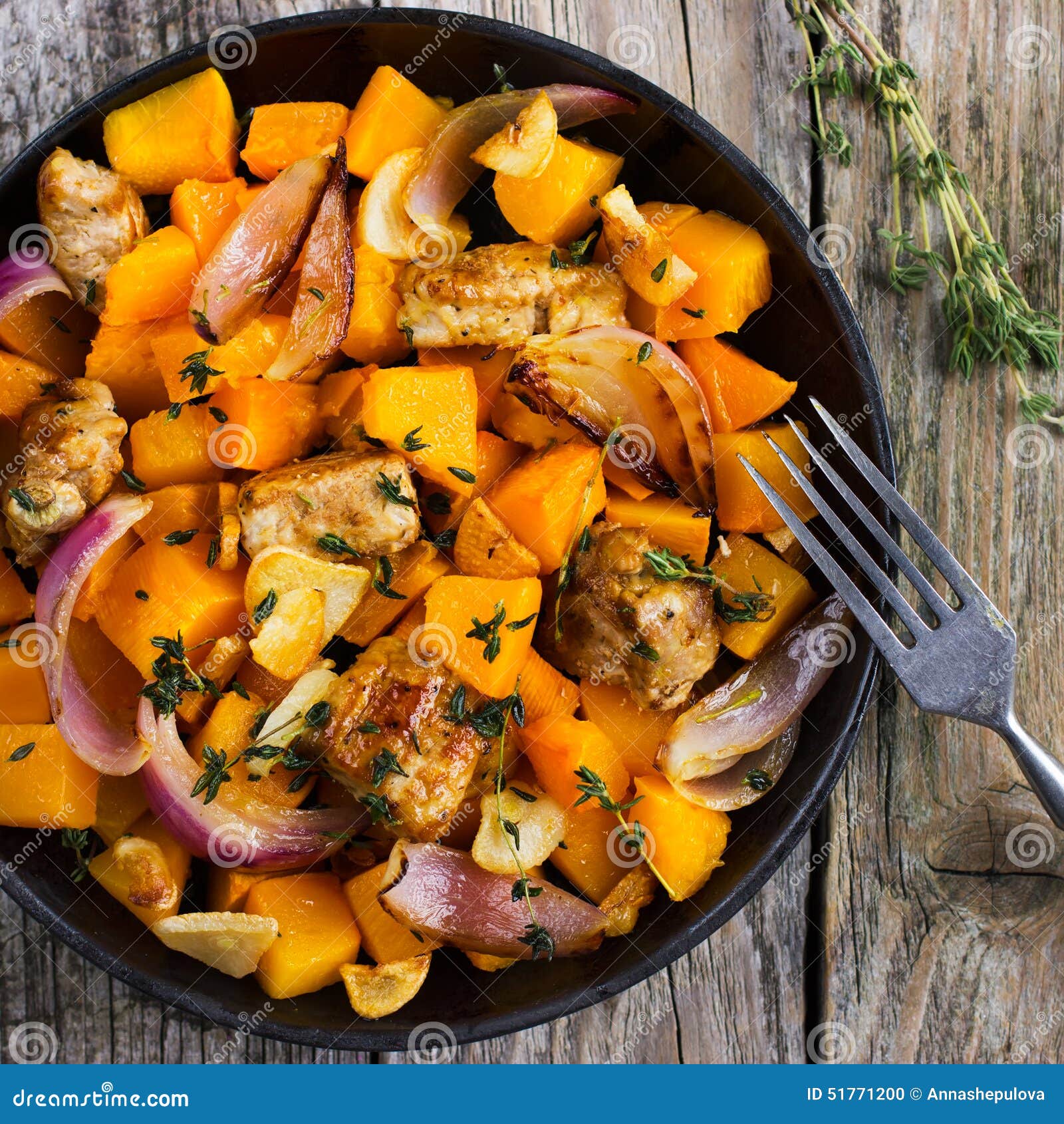 Roasted Pumpkin and Meat on the Pan Stock Photo - Image of home, onion ...