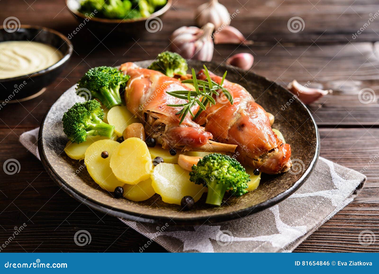 Roasted Rabbit Meat with Potato and Broccoli Stock Photo - Image of ...
