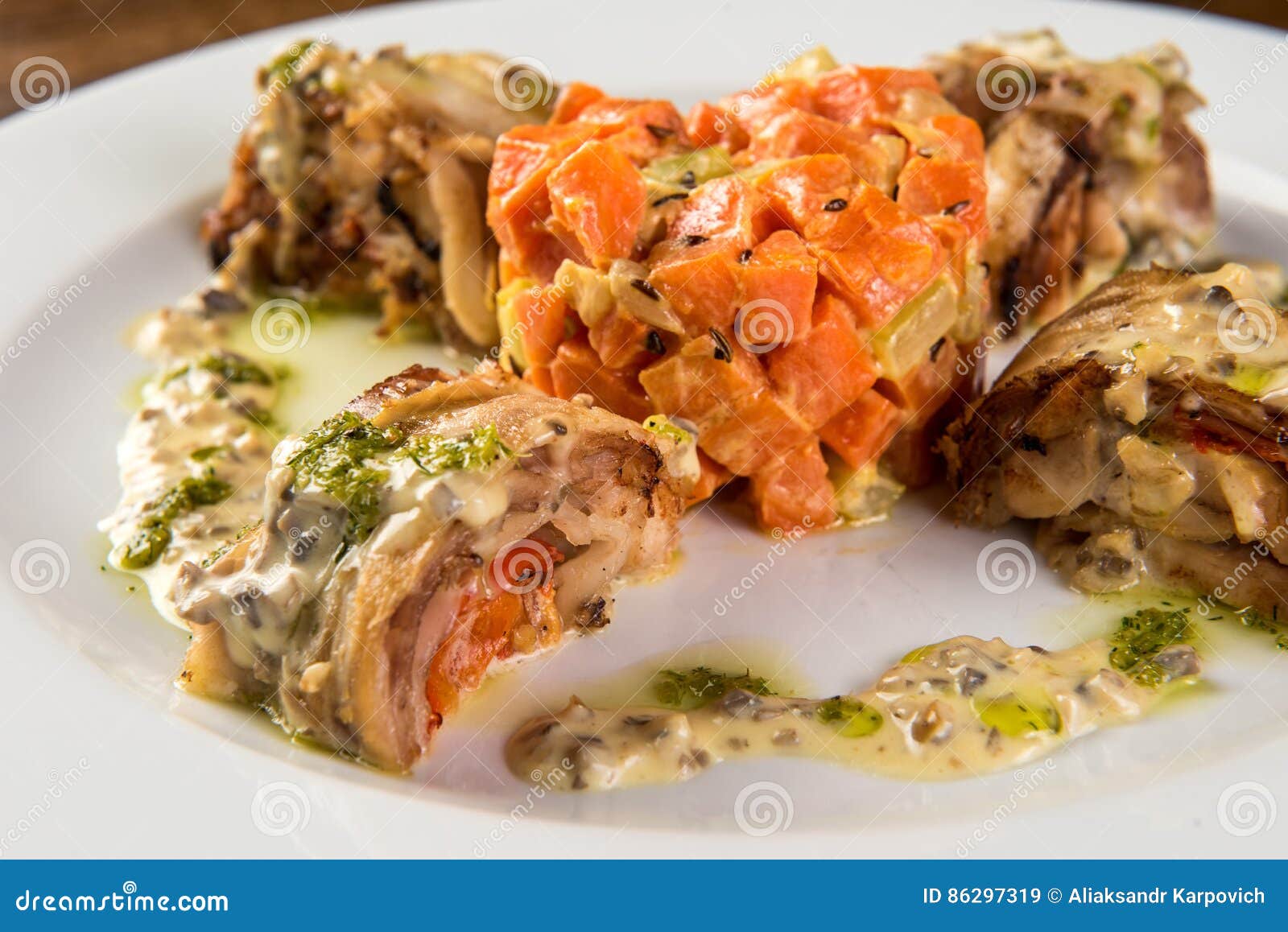 Roasted Rabbit Roulade with Carrot and Sauce Stock Image - Image of ...