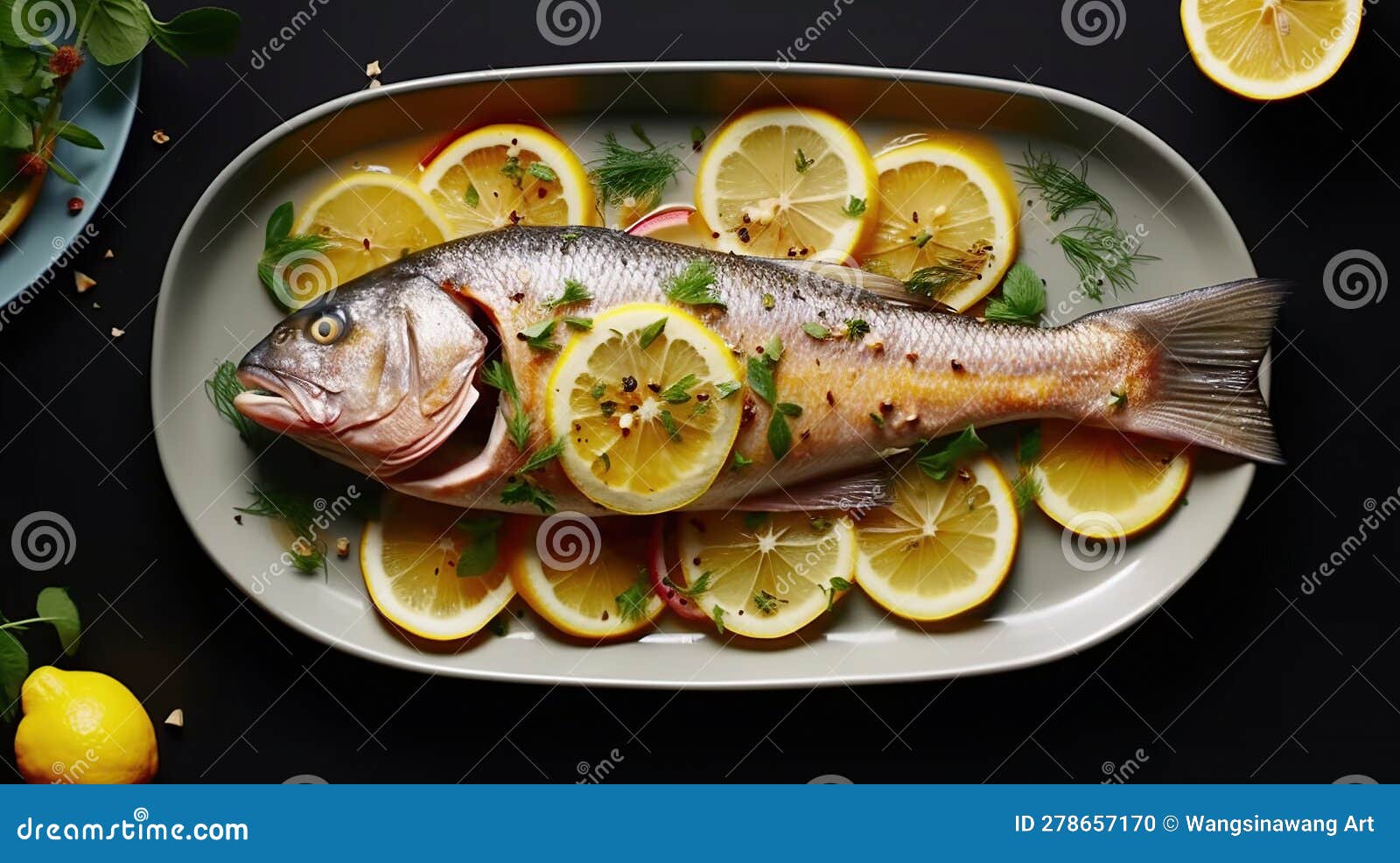 Roasted Rainbow Fish with Lemon on Plate Ai Generated Image Stock ...