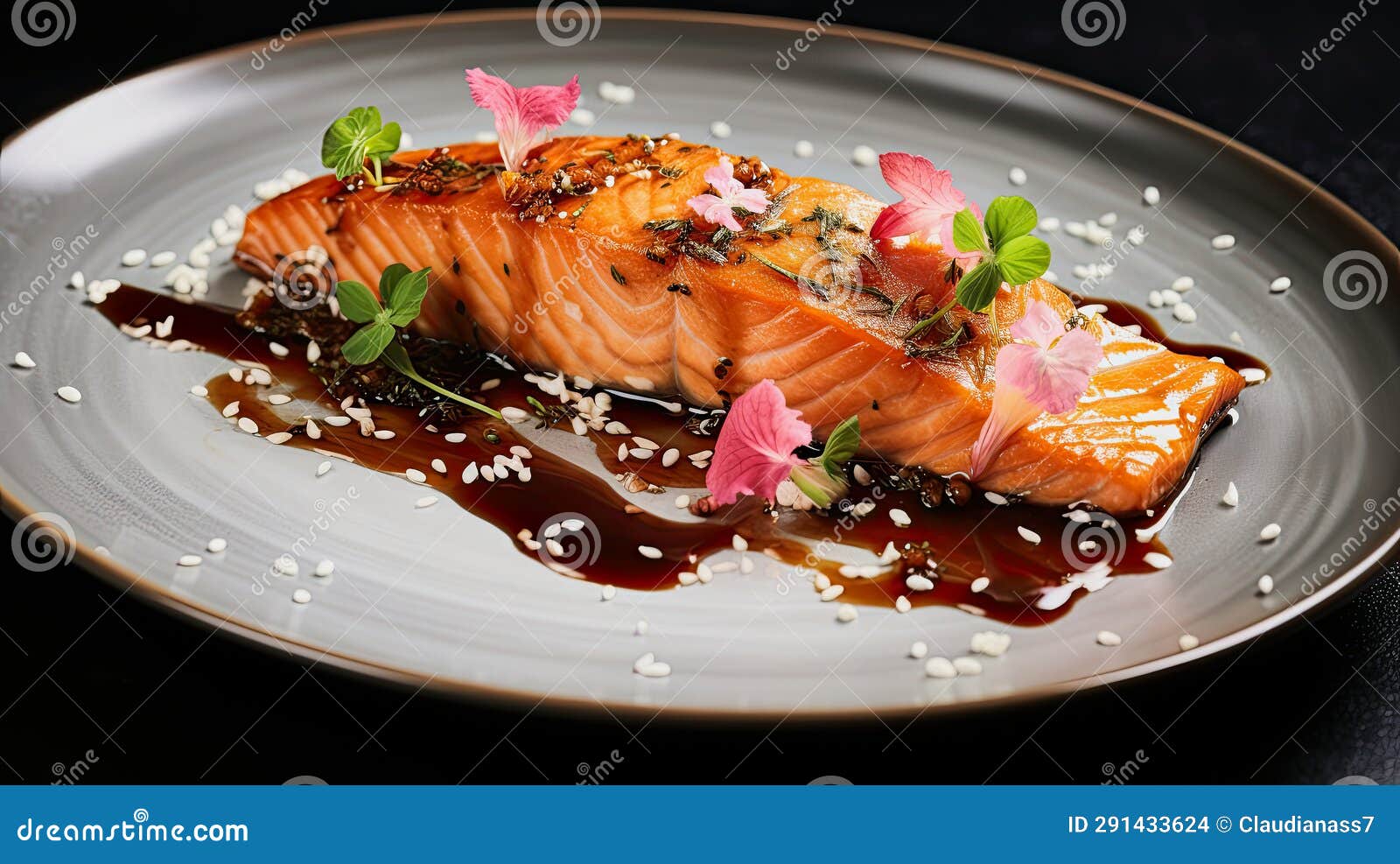 Roasted Salmon Decorated on a Gray Plate Stock Photo - Image of bloom ...