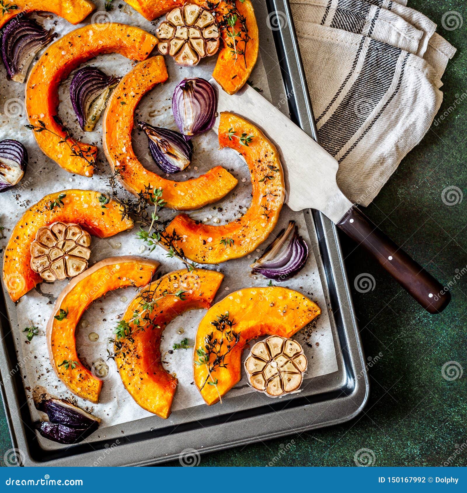 Roasted Squash Slices with Red Onions Stock Photo - Image of overhead ...