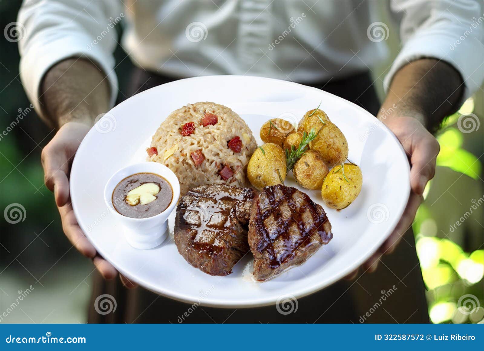 Roasted Steak Meat, Potatoes and Rice Stock Photo - Image of meat ...