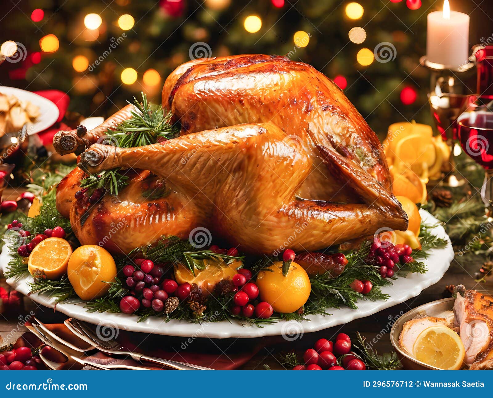Roasted Turkey on Christmas Table with Christmas Tree and Decorations ...
