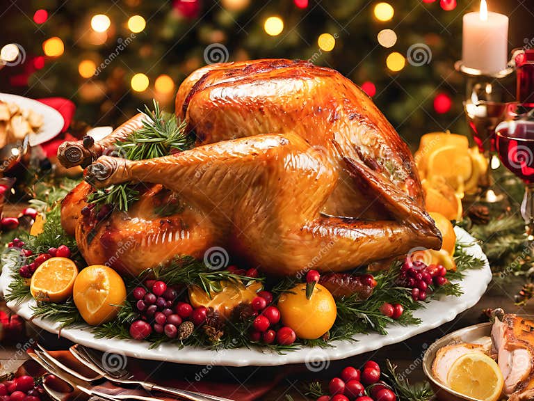 Roasted Turkey on Christmas Table with Christmas Tree and Decorations ...