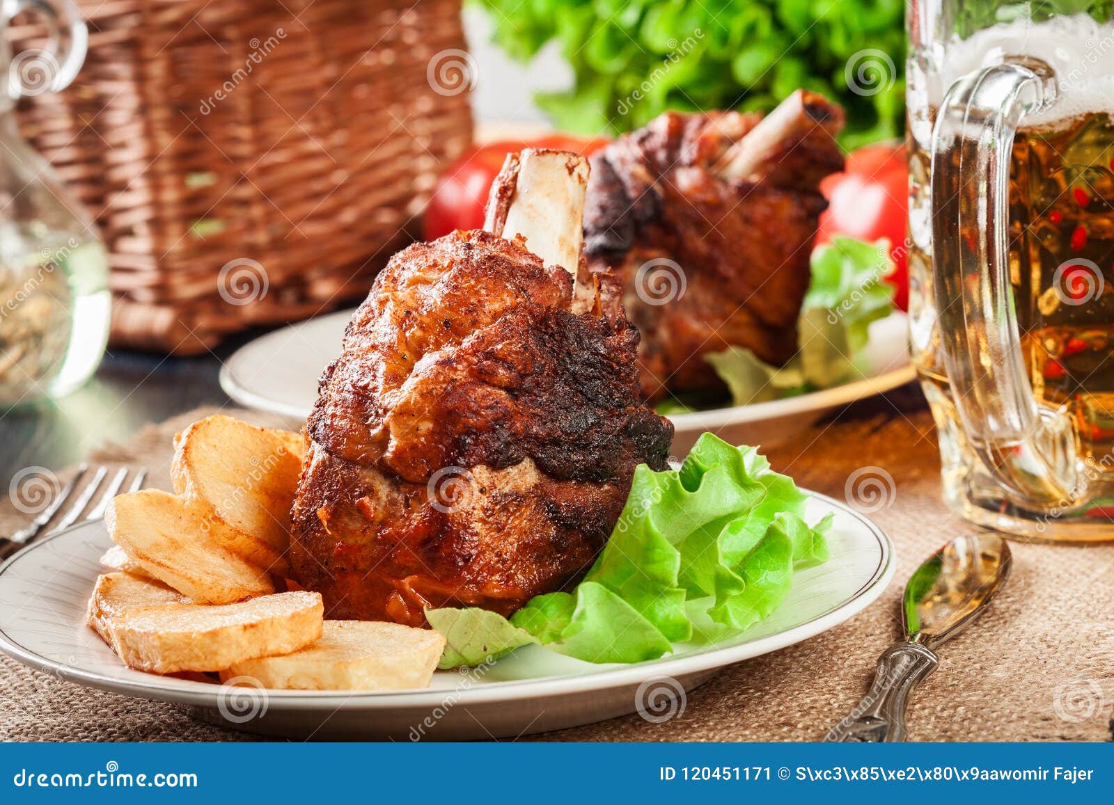 Roasted Turkey Knuckle with Fried Potato Slices Stock Image - Image of ...