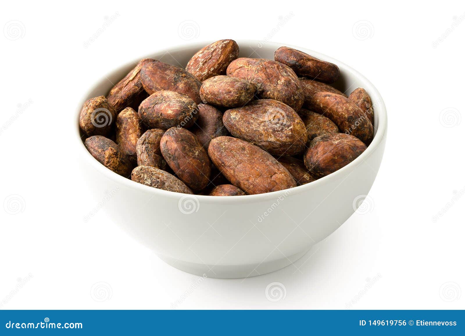 Roasted Unpeeled Cocoa Beans in a White Ceramic Bowl Isolated on White ...