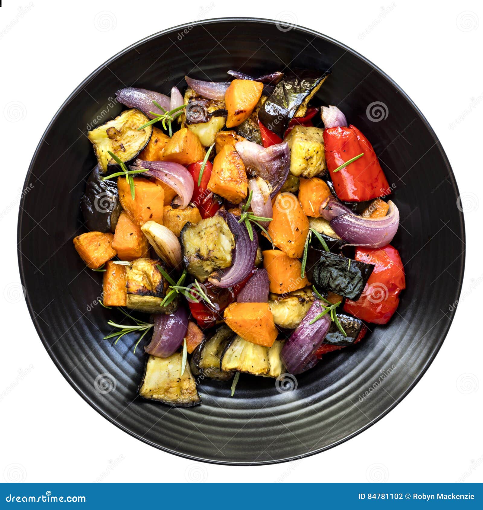 Roasted Vegetables on Black Platter Top View Isolated Stock Photo ...