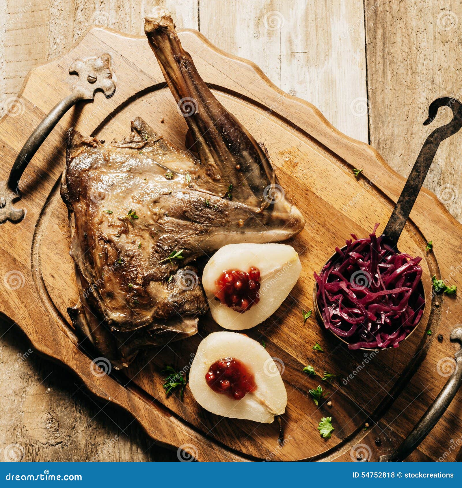 Roasted Venison Haunch with Pears on Wooden Tray Stock Photo - Image of ...